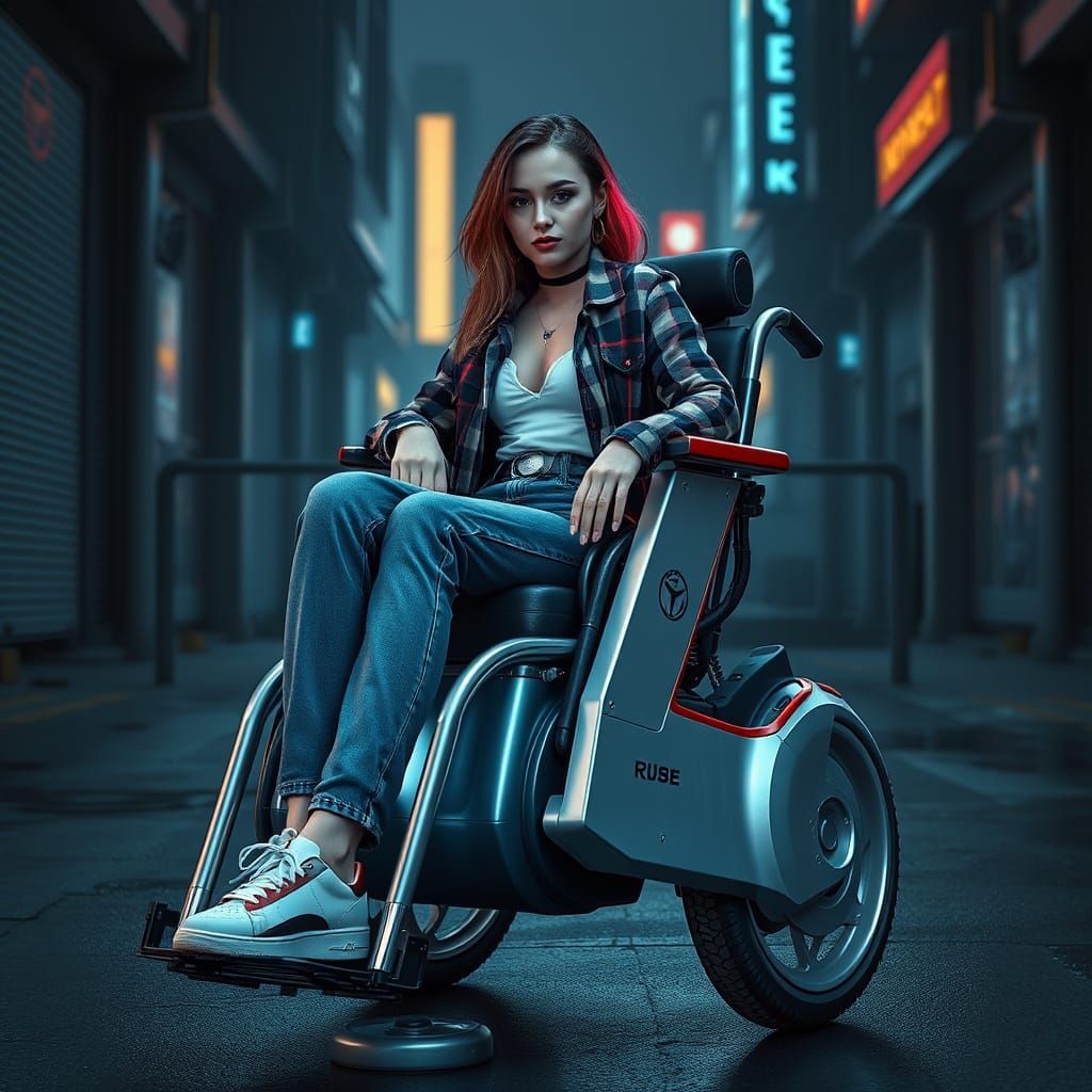 Futuristic Woman in Electric Wheelchair, Cyberpunk... - AI Art