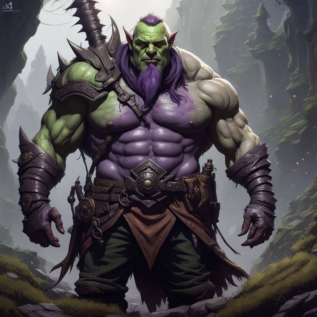 gray-skinned half-orc ranger standing next to a lindworm, fantasy ...