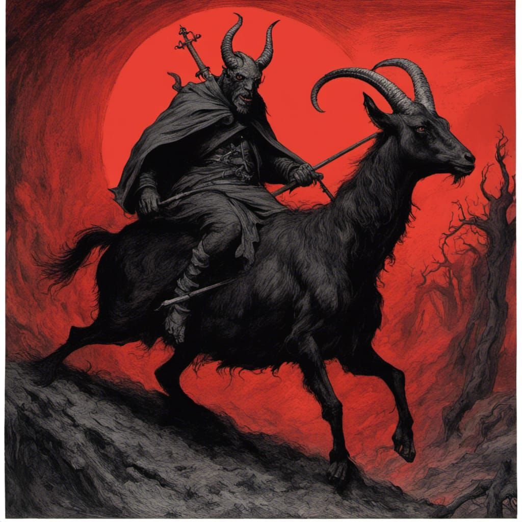 Devil riding a goat,horror medieval,red msytic mist,necronomicon,black ...