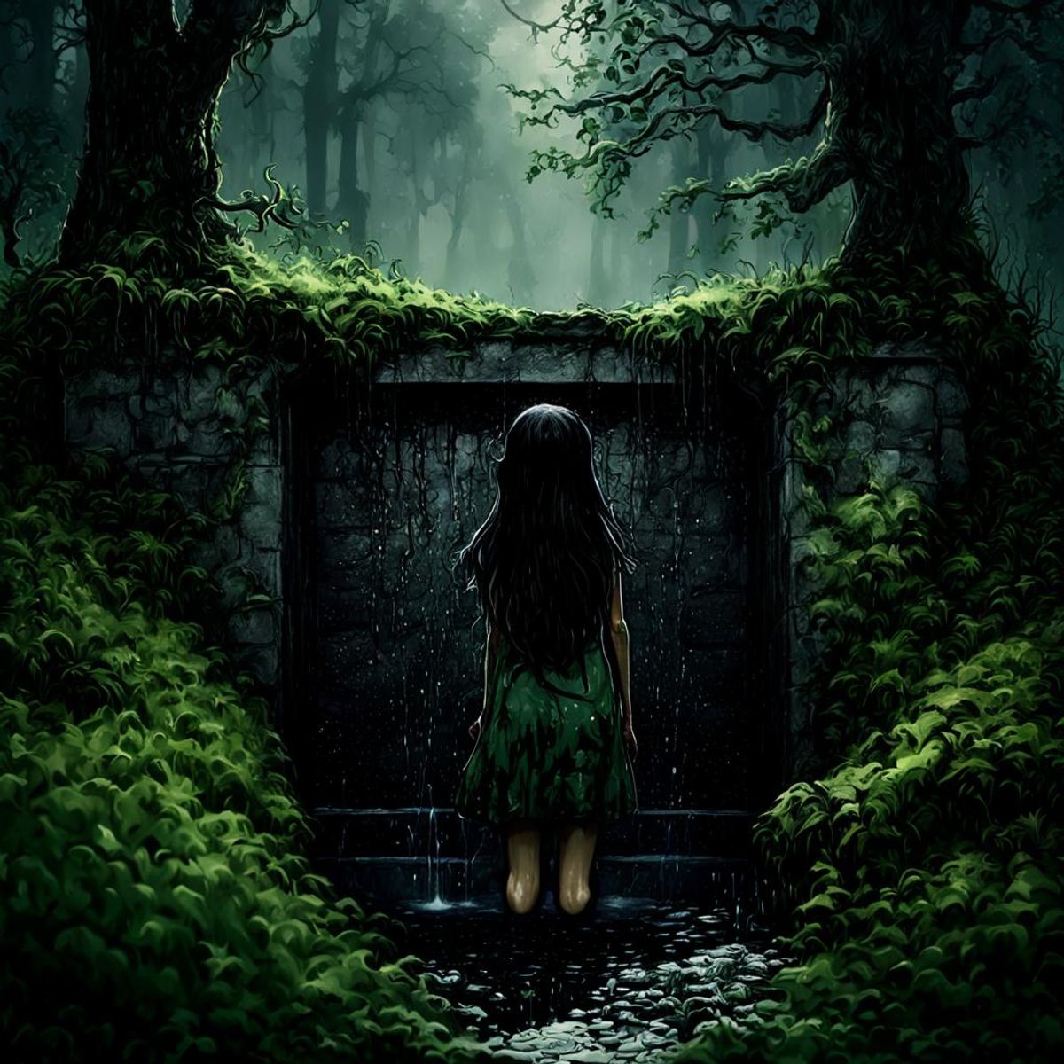 Sadako Yamamura with her long black hair in front of her face climbing ...