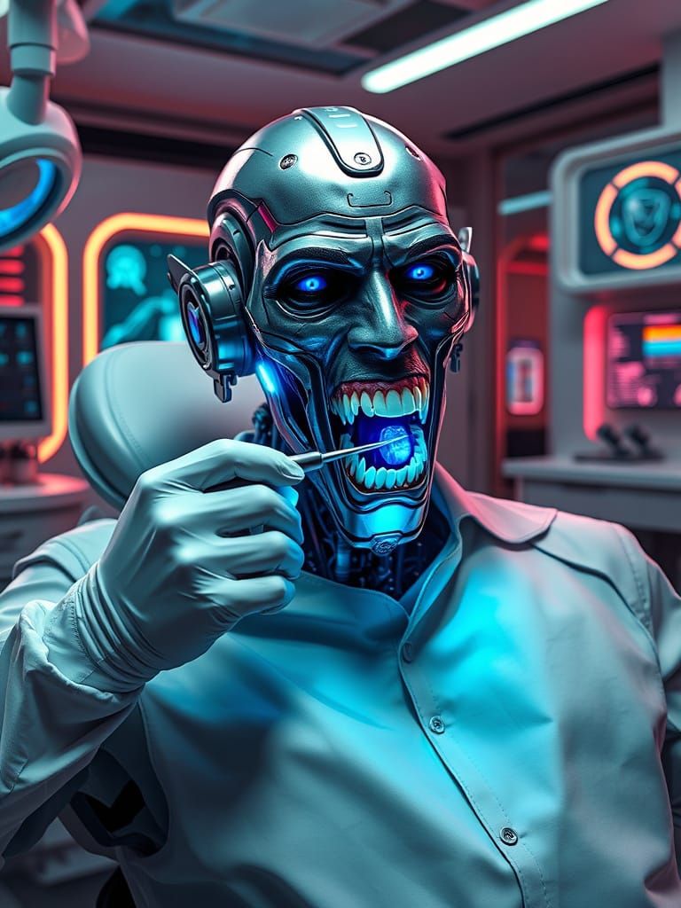 Cyborg vampire is curing his sharpfangs at the dentist