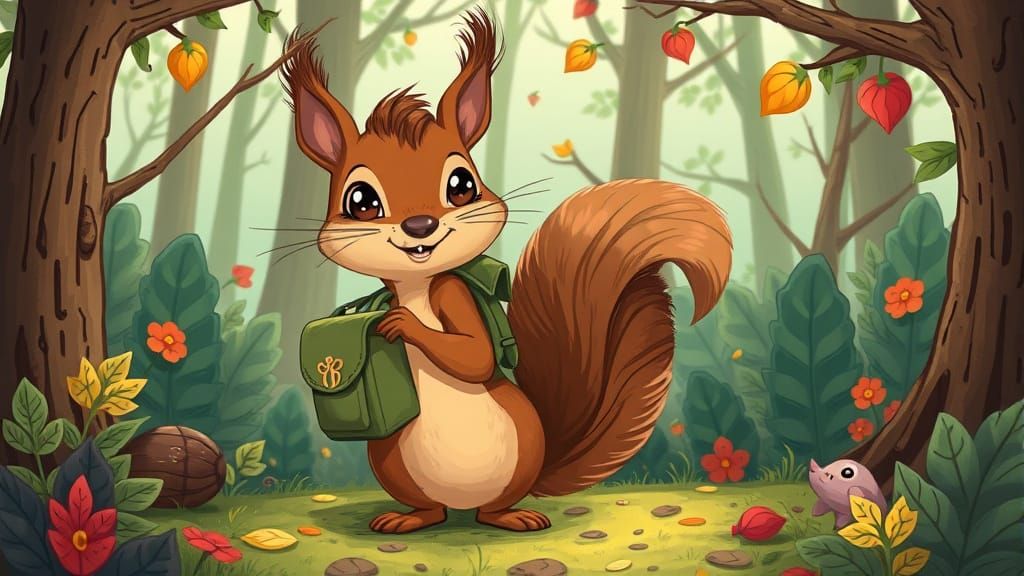 Mischievous Squirrel - Squirrel with Backpack in Whimsical F...