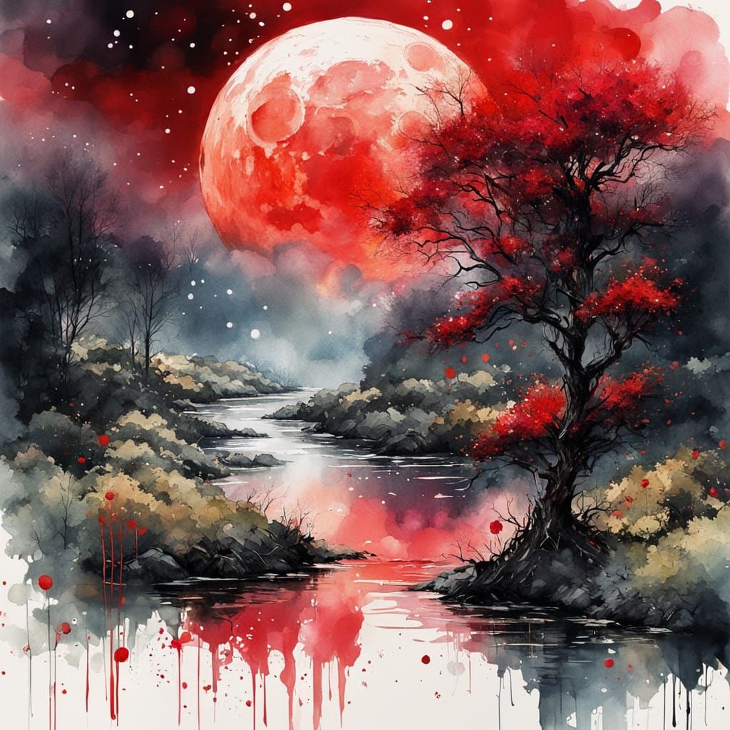 a beautiful red moon, a magnificent lush springscape