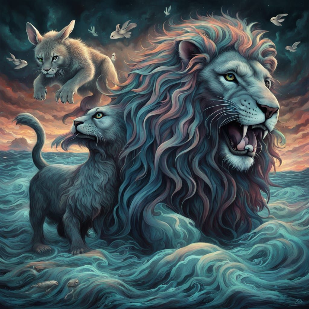 Surrealistic Nightmare of Lions and Rabbits in a H... - AI Art