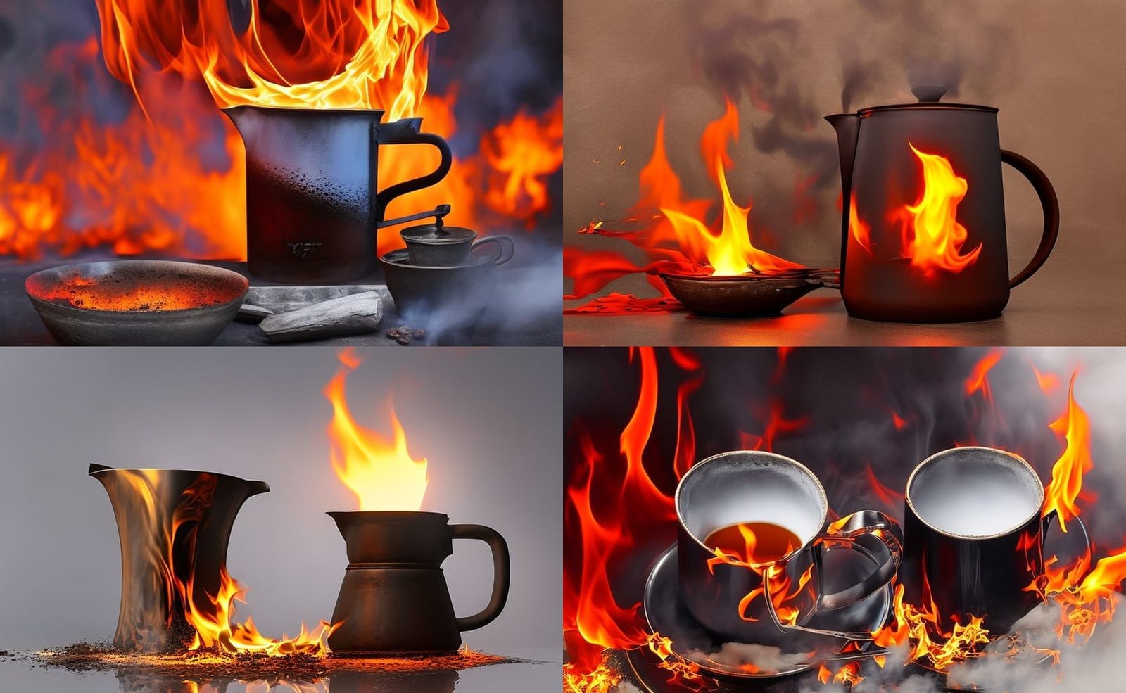 Coffee pot containing fire, next to a dark cup - AI Generated Artwork ...