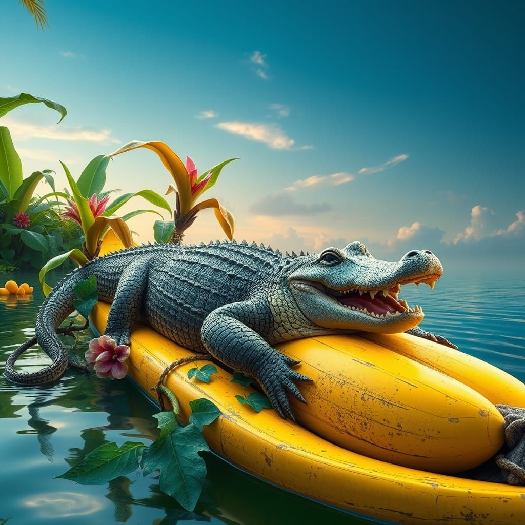 Fat Alligator on Banana Boat in Surreal, Prehistor... - AI Art