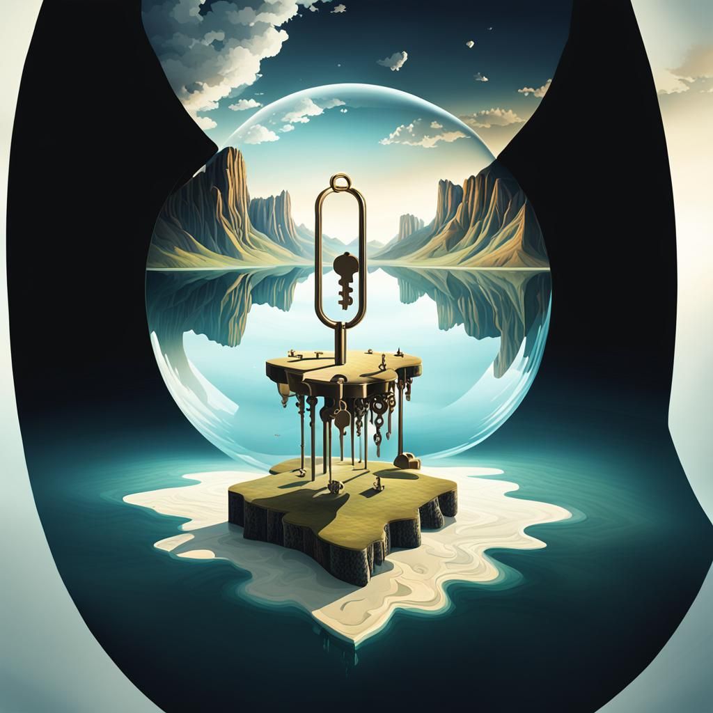 a surreal digital art piece depicting keys floating in a dreamlike ...