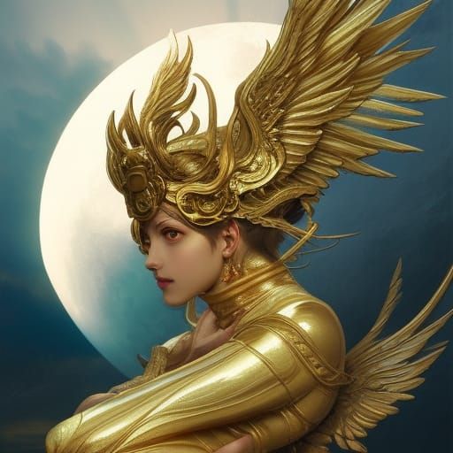 Sharp golden wings shining under the moon. The Goddess of The Temple is ...