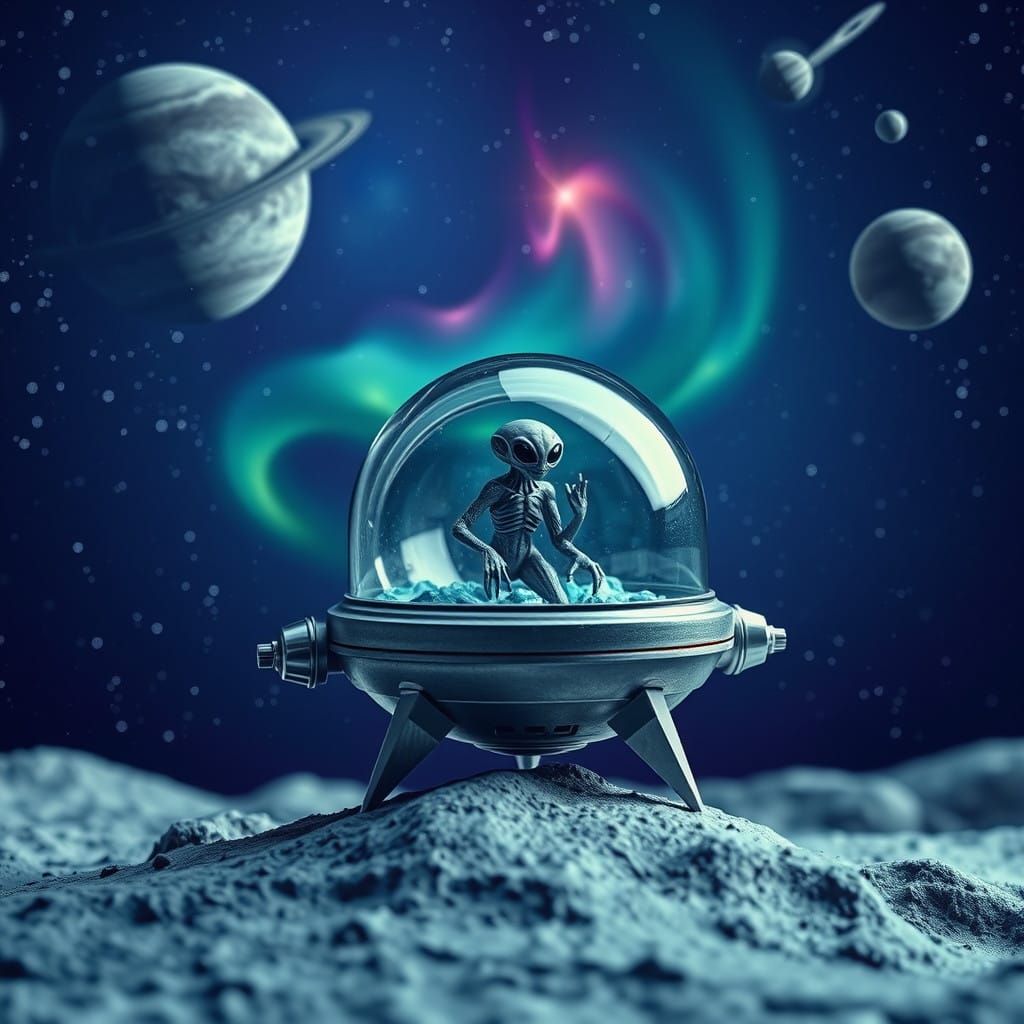 Miniature Alien Spaceship on Moon Surface Under St... - AI Art
