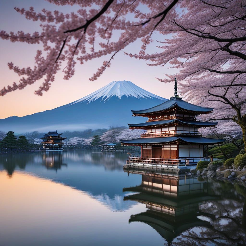 a serene Japanese temple in a tranquil lake