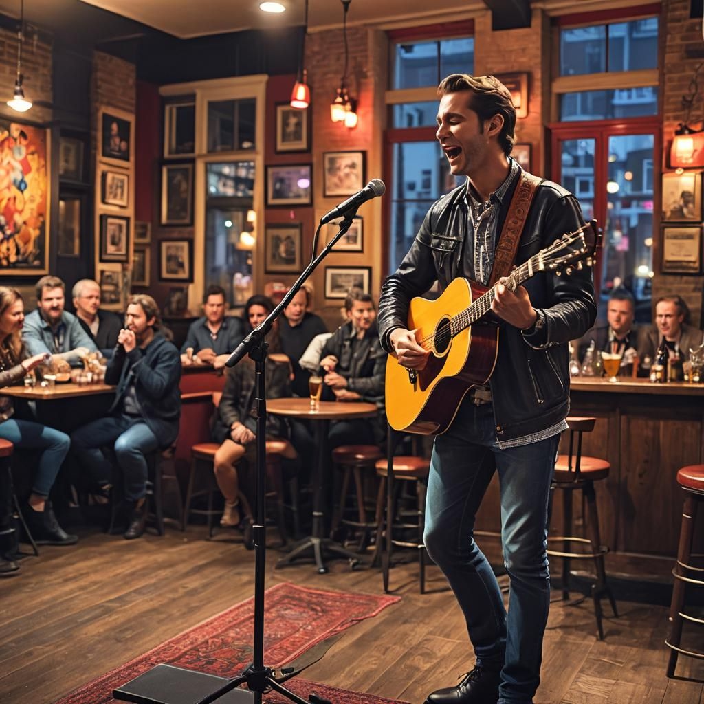 A man playing guitar and singing in a bar in Amsterdam. - AI Generated ...