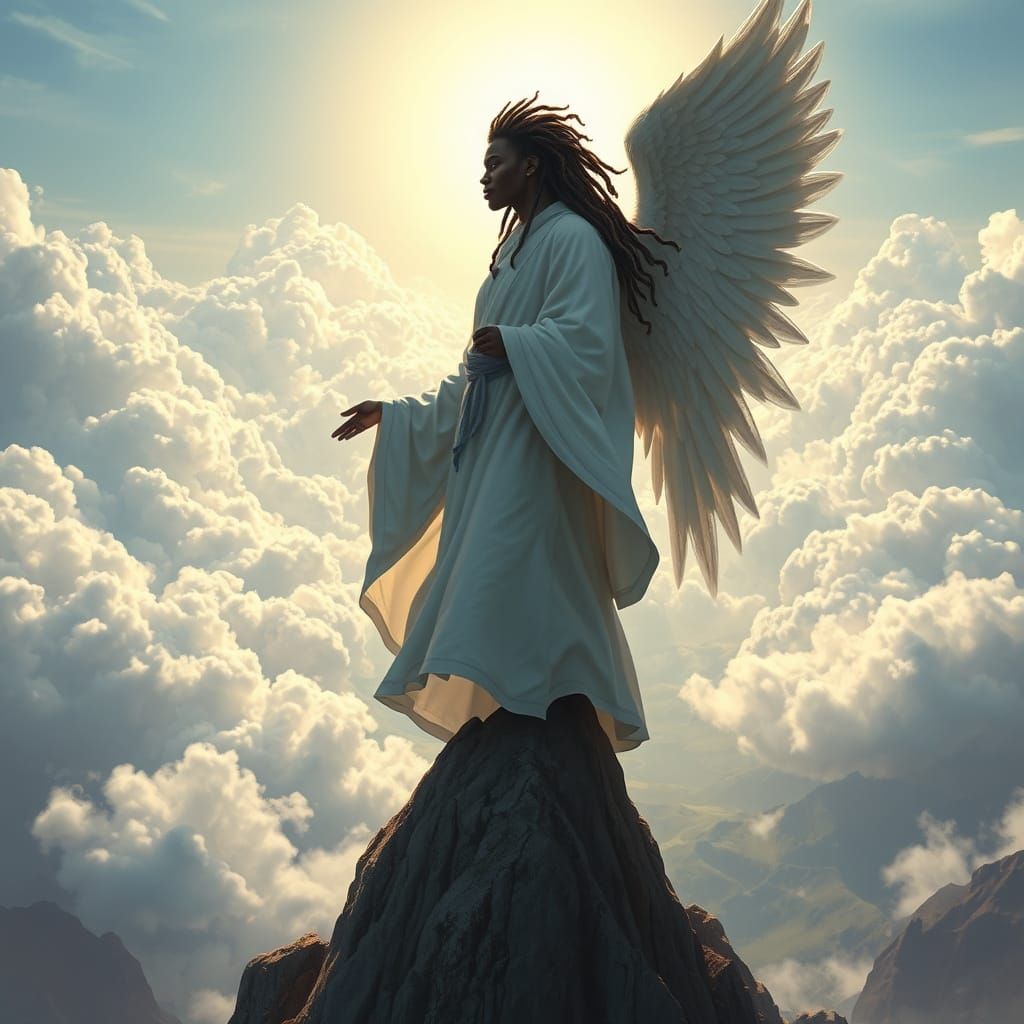 A majestic ebony-skinned angel with intricate golden wings stands atop ...