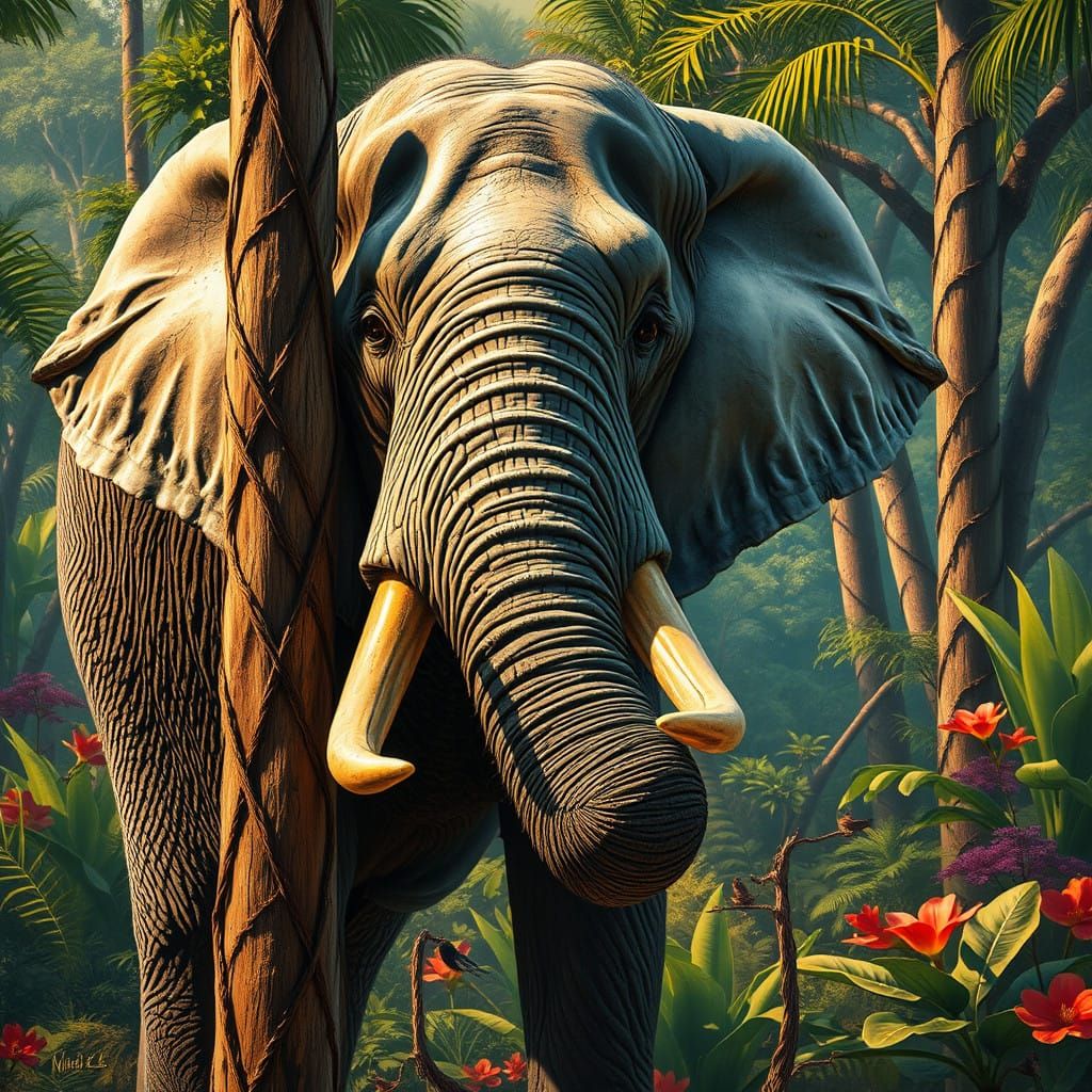 Elephant up against Tree's in the Jungle