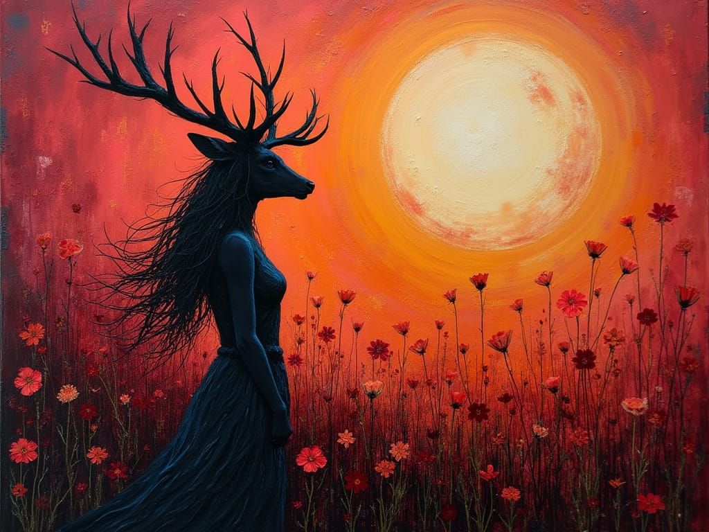 Anukite - Deer Sorceress in Crimson Meadow, Impasto Painting