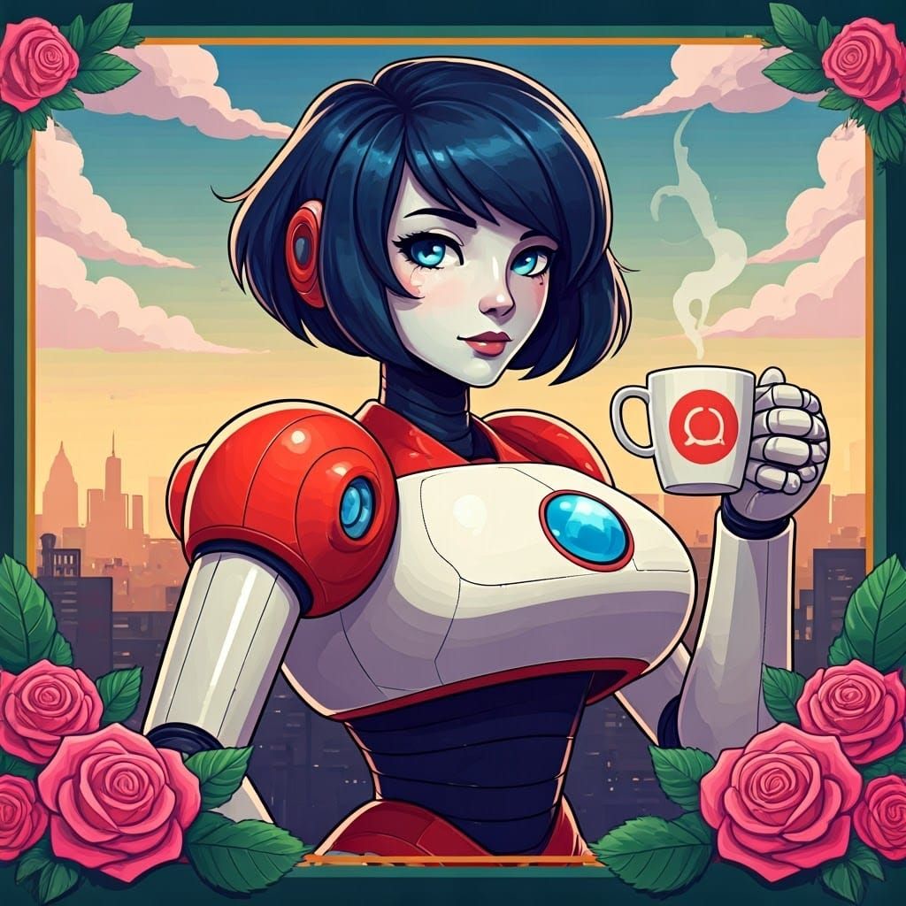 Futuristic Robot Sips Coffee in High-Tech City - AI Art