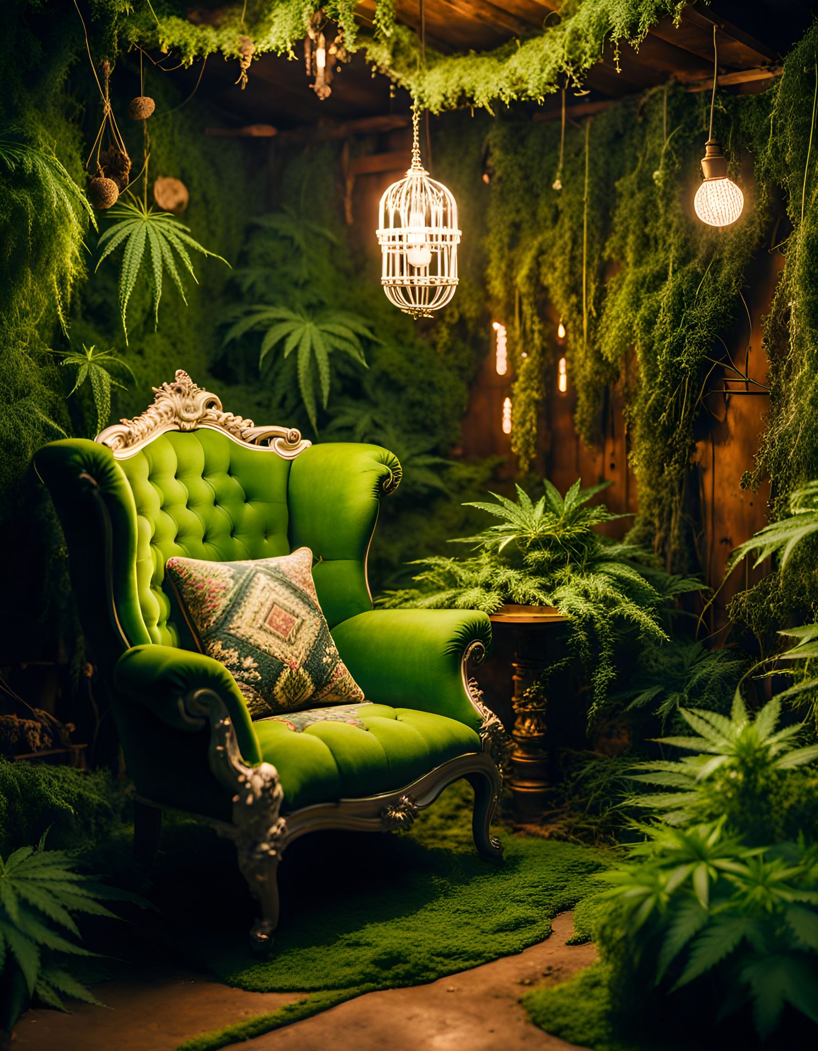 marijuana forest, fancy green moss-covered chair, marijuana plants ...