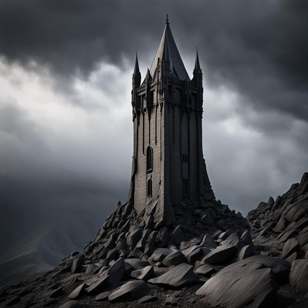Single gothic tower, orthanc, smooth walls in dark black, some window ...