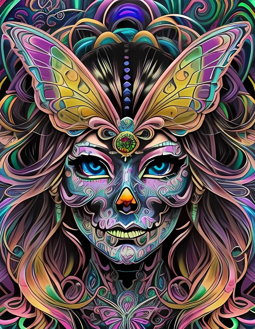 (Hyper detailed anime art of a skull lady with long wavy hair and ...