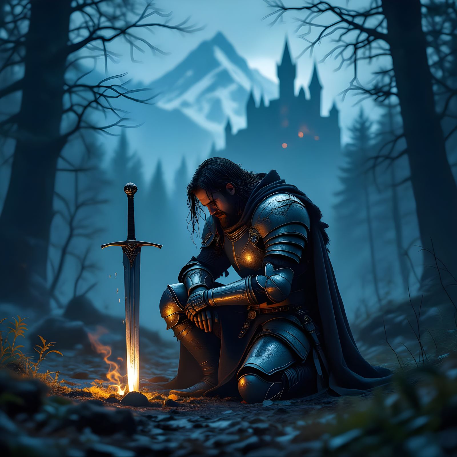 Knight's Lament: Matte Painting of Grief in Dark F... - AI Art