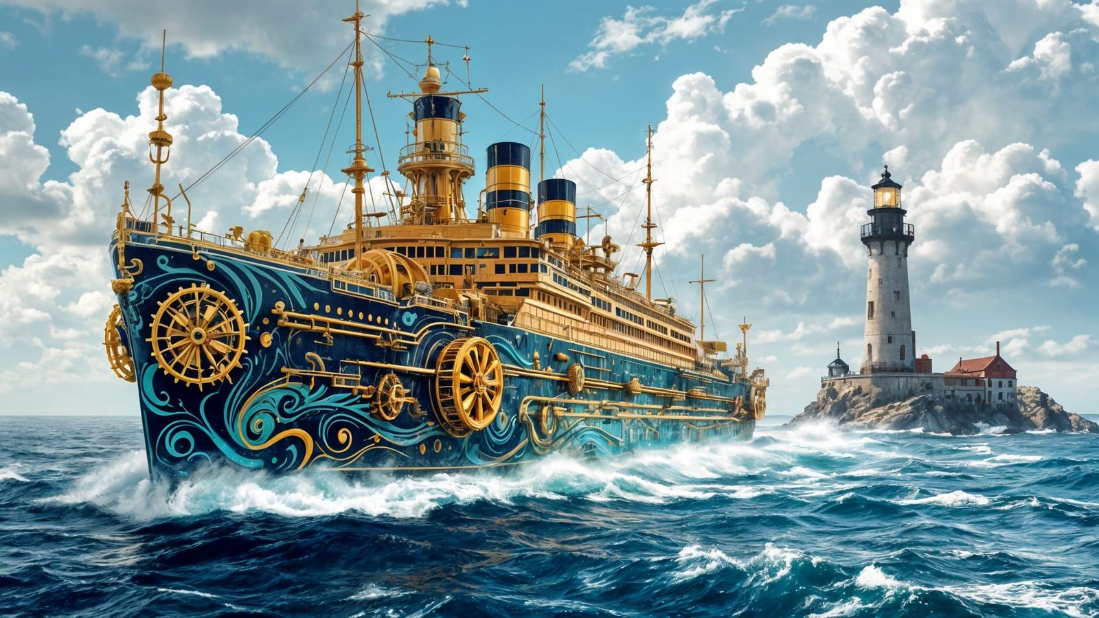steampunk themed Ocean liner, sailing near the coast, With a Light ...
