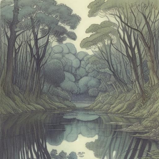 Illustration, Arthur Rackham style, river, forest - AI Generated ...