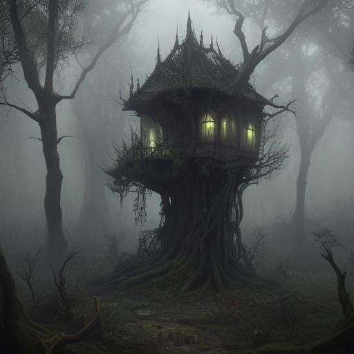 Ethereal Gothic Miniature Treehouse in Dark Mystic... - AI Art
