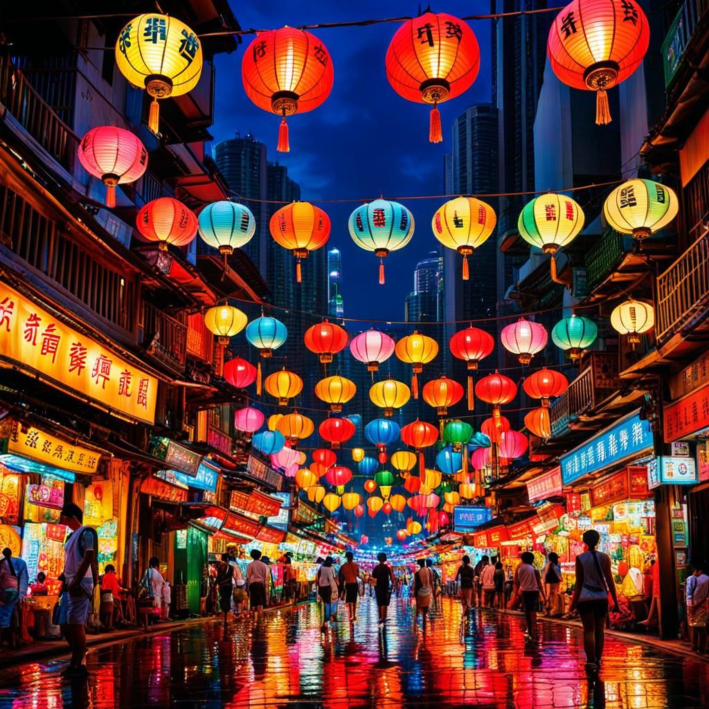 A low angle look at Hong Kong's lanterns reflecting on wet streets - AI ...