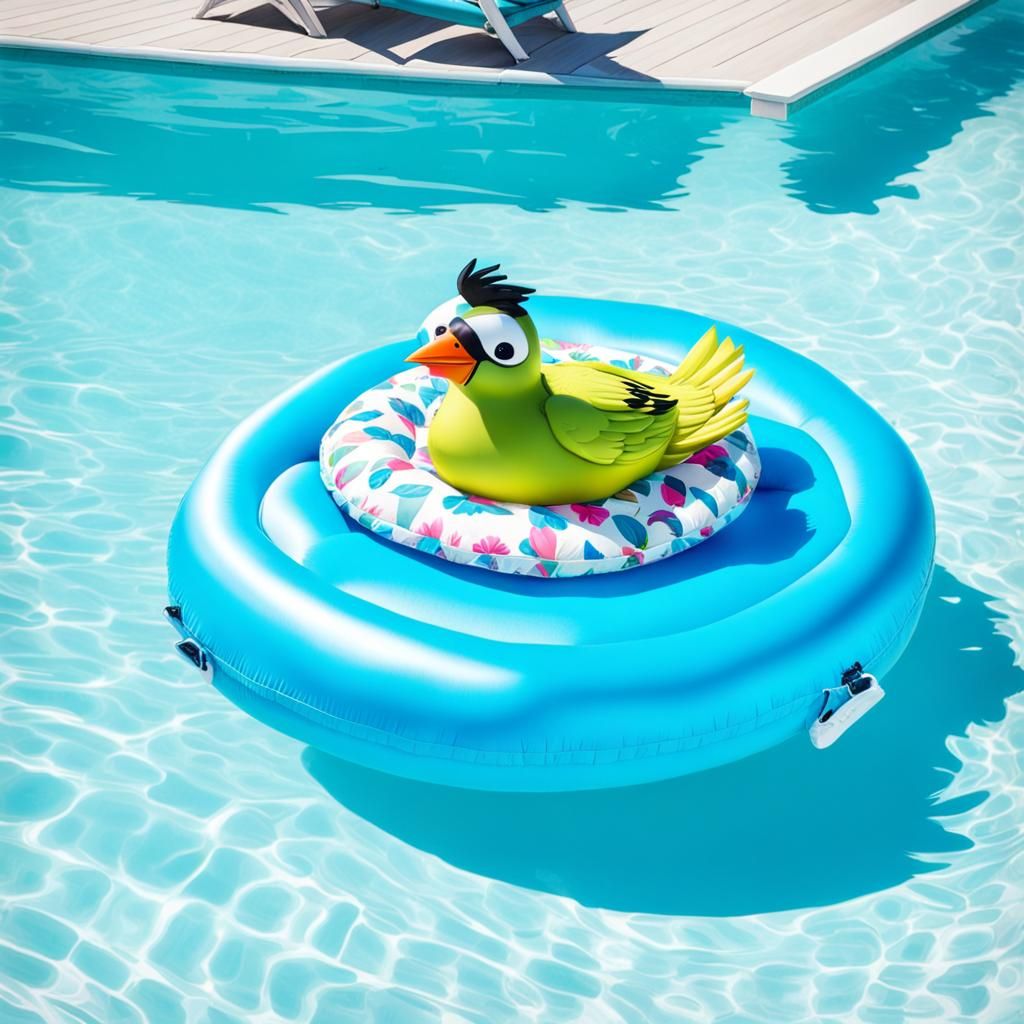 a female bird in a bikini is floating on her inflatable air mattress in ...