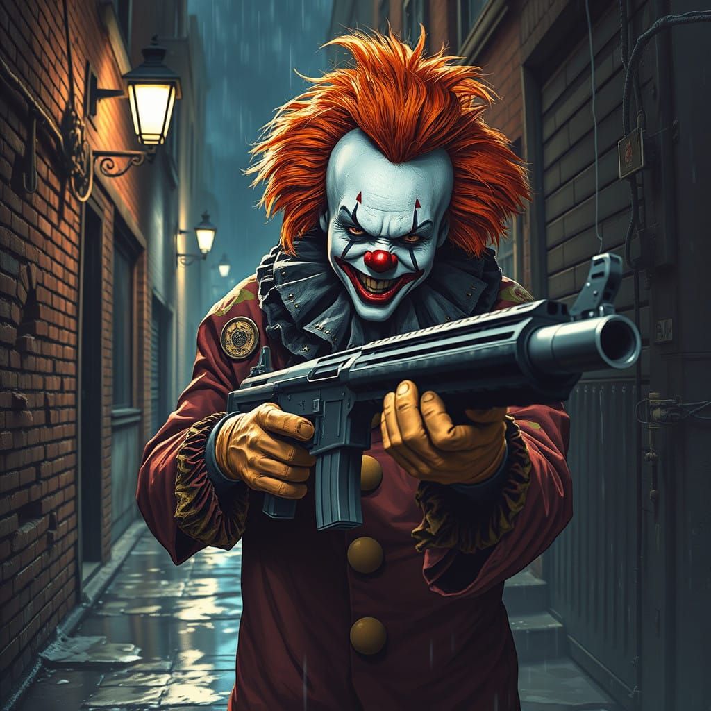 Clown Holds Machine Gun In A Dark Alley