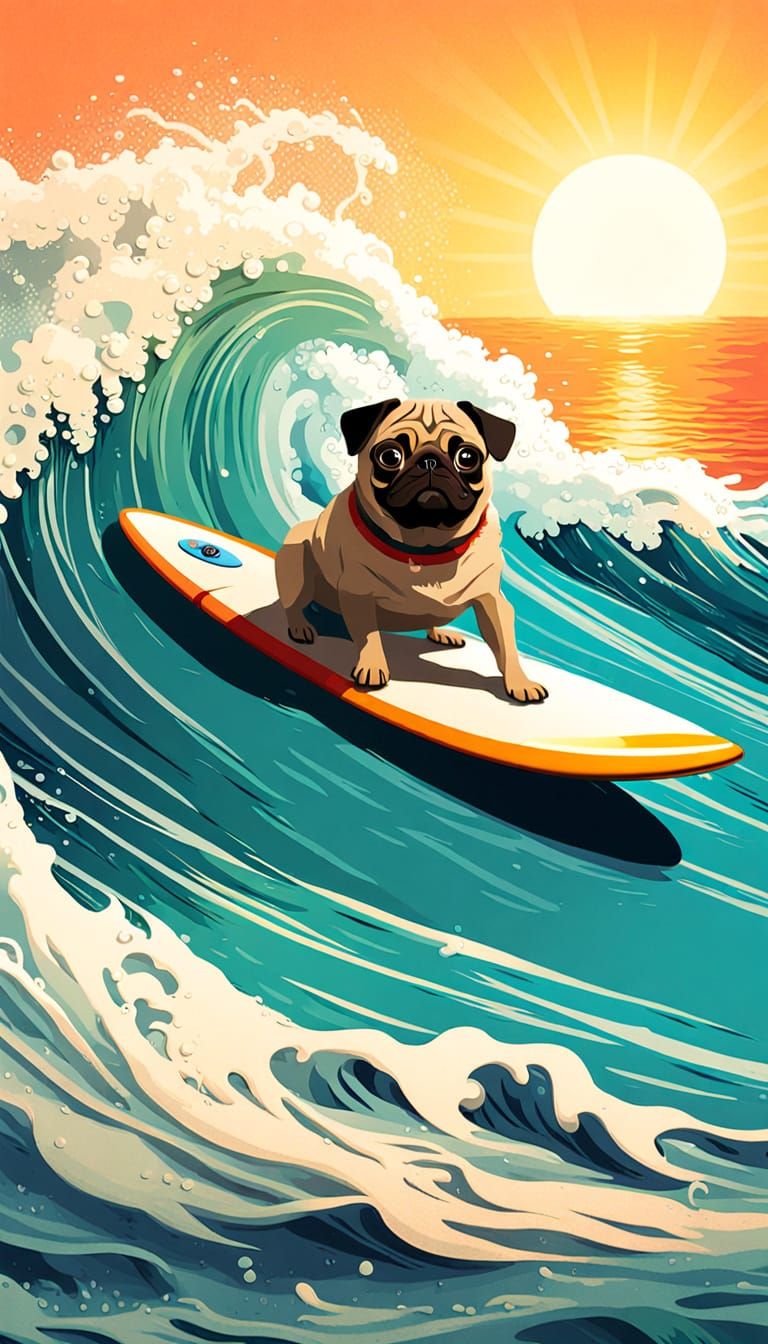 pug in Surf Culture - Pug Surfs the Sunset Wave in Vibrant ...