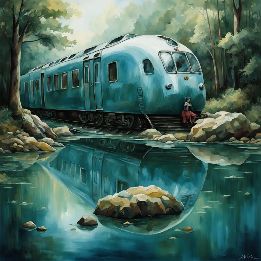 Countryside train - Surrealist Watercolor Landscape with Ste...