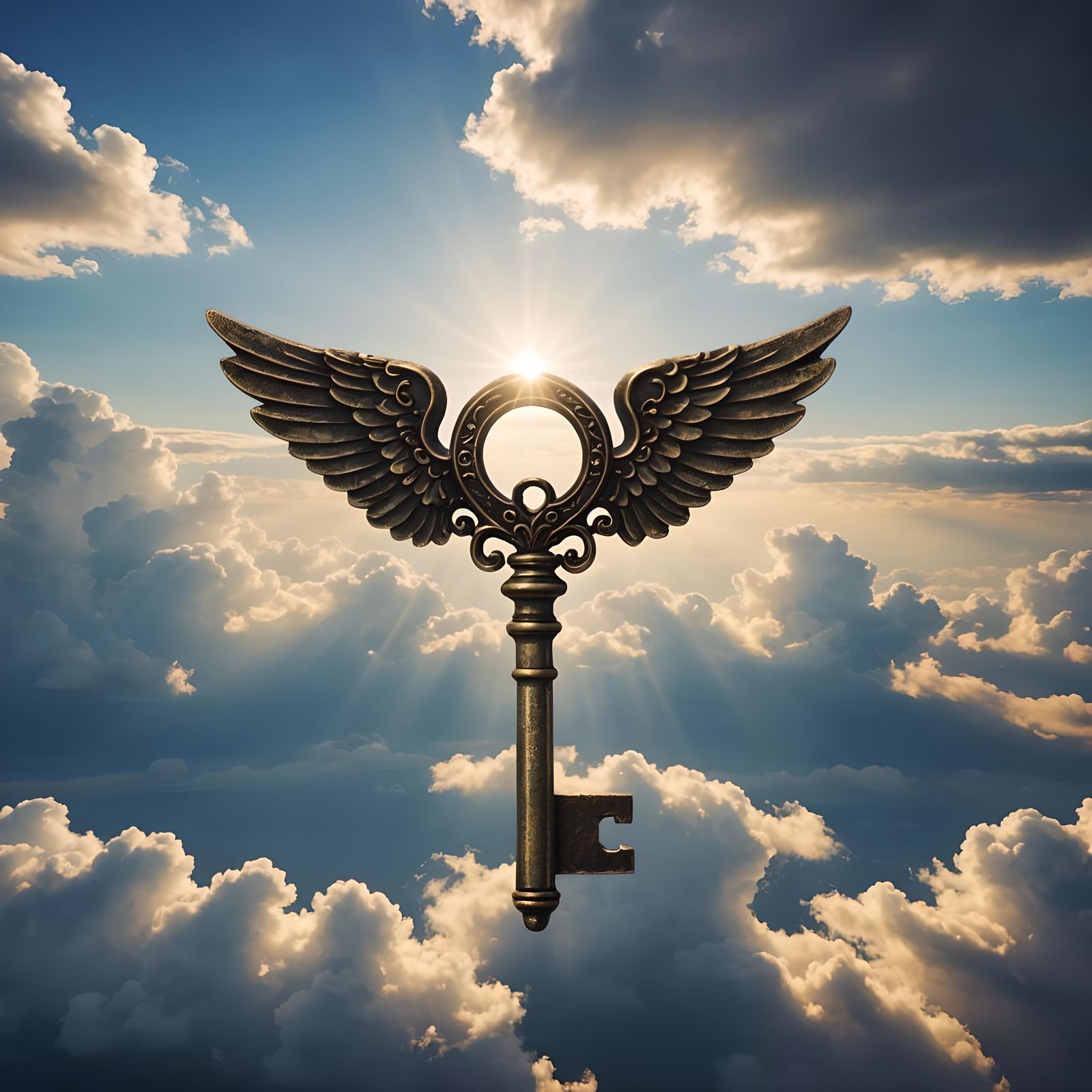 Keyhole in the clouds and a métal key with wings. - AI Generated ...