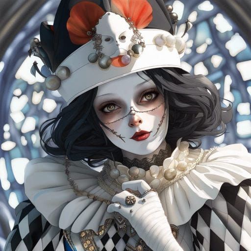 pierrot looking at the camera, romantic academia, neo-mosaic, sharp brushwork, changelingcore ...