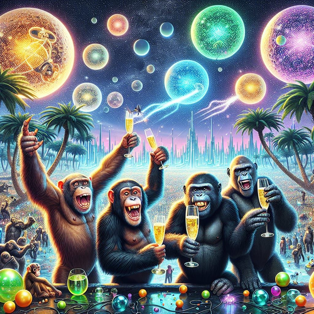 Chimpanzee, Orang Utan, Makak and Gorilla celebrating a 2025 New Years ...