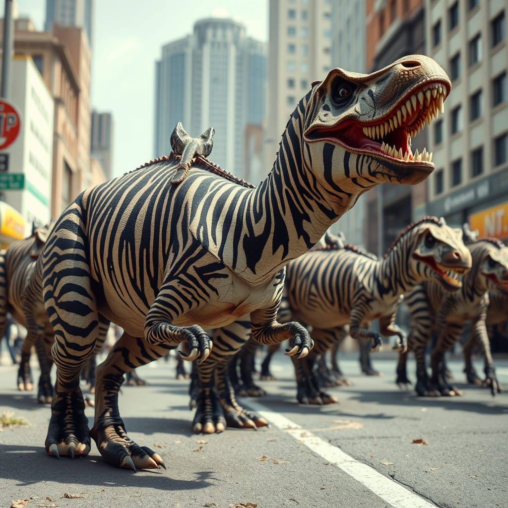 Striped T-Rex Roam Urban Jungle in Hyperrealistic ... - AI Art