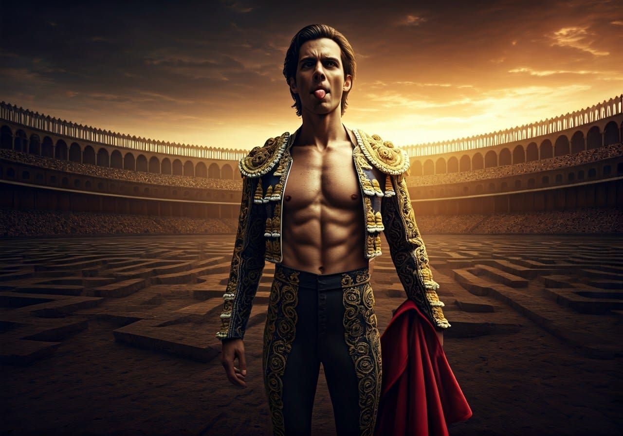 Matador in 3D Maze Arena, Brocade and Shadows - AI Art