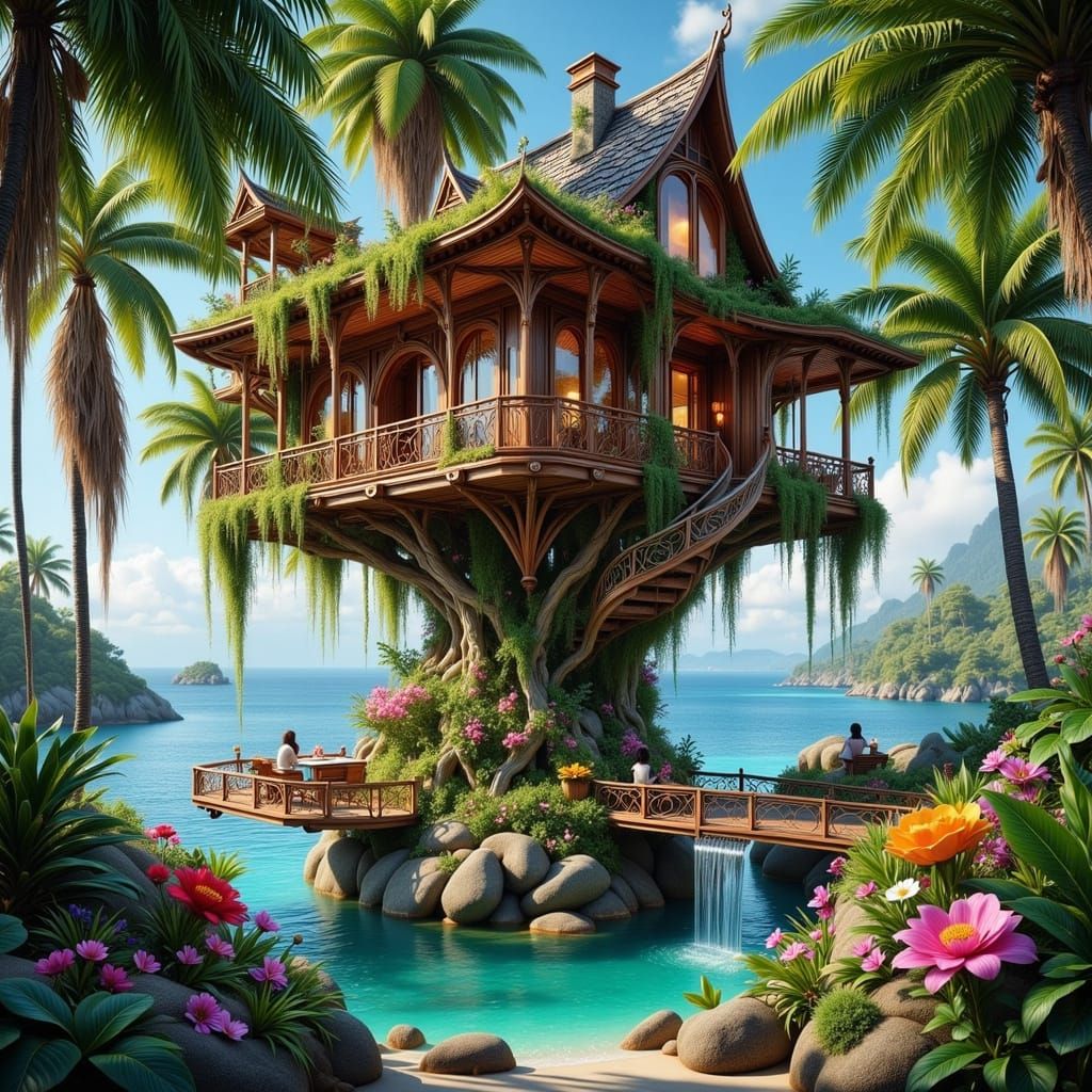 A exquisite treehouse nestled on a vibrant, exotic island.