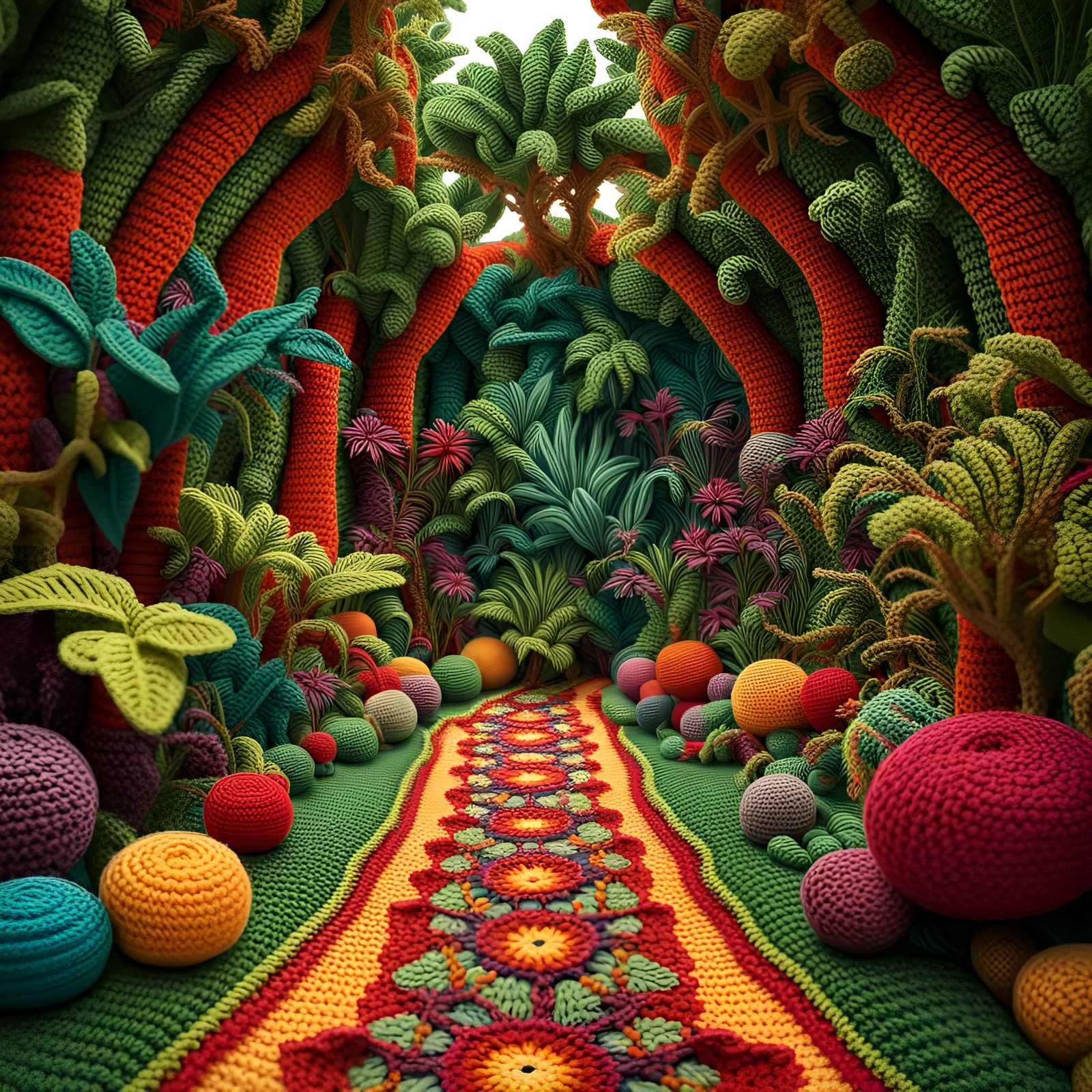 A crochet jungle, intricate, colorful, 64k resolution, a masterpiece ...