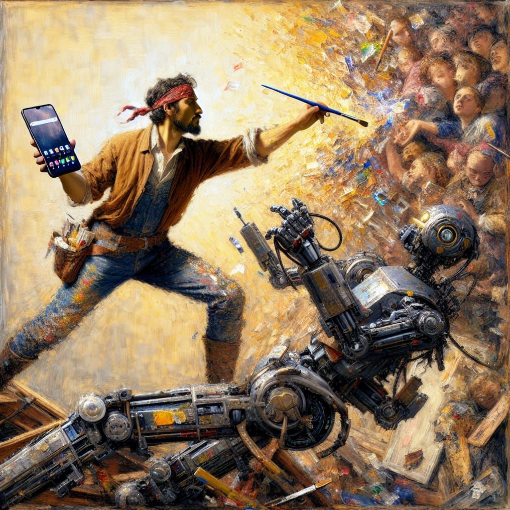 Man smashing a painting over a robot with a cellphone and a paint brush ...