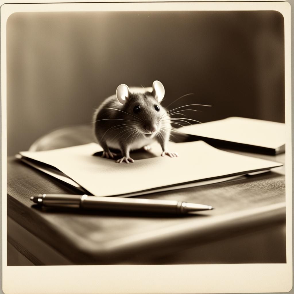 Photograph, Marco, postcard of mouse on desk with pens - AI Generated ...