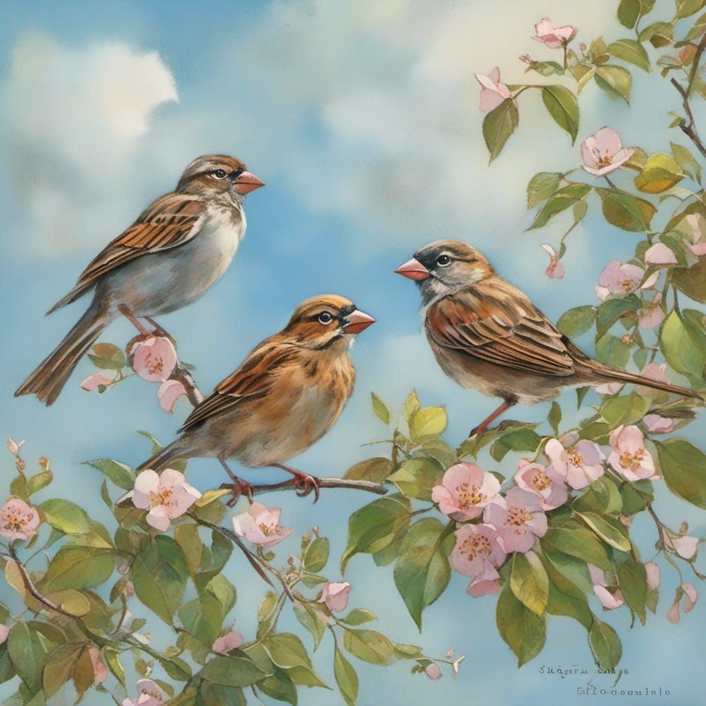 Sparrows in spring - AI Generated Artwork - NightCafe Creator