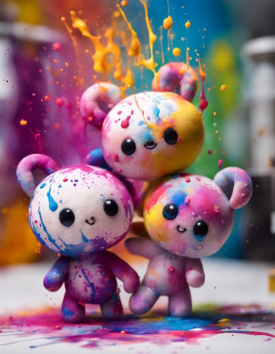 2 happy cute splatterplush genius artists make splatter art paintings ...