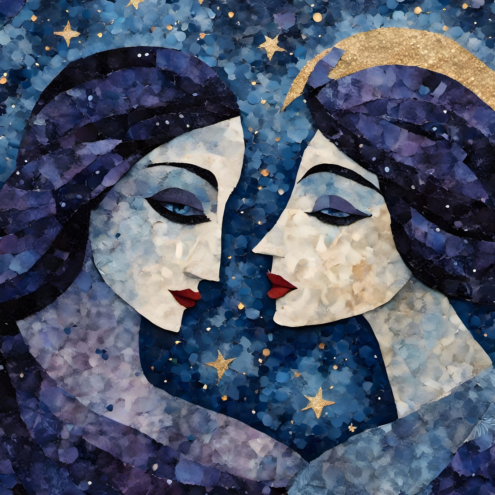 The Ladies with Purple Hair - Neocubist Papercraft Collage o...