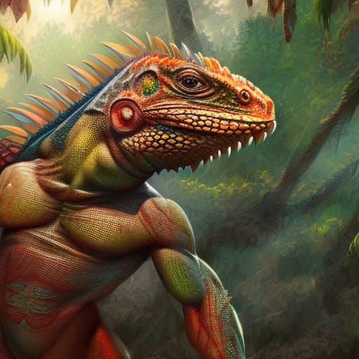 anthropomorphic iguana bodybuilder humanoid-torso wearing loincloth ...