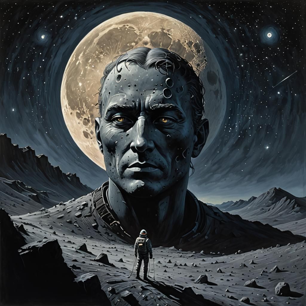 A serene portrait of the "Man in the Moon," his face emerging from the ...