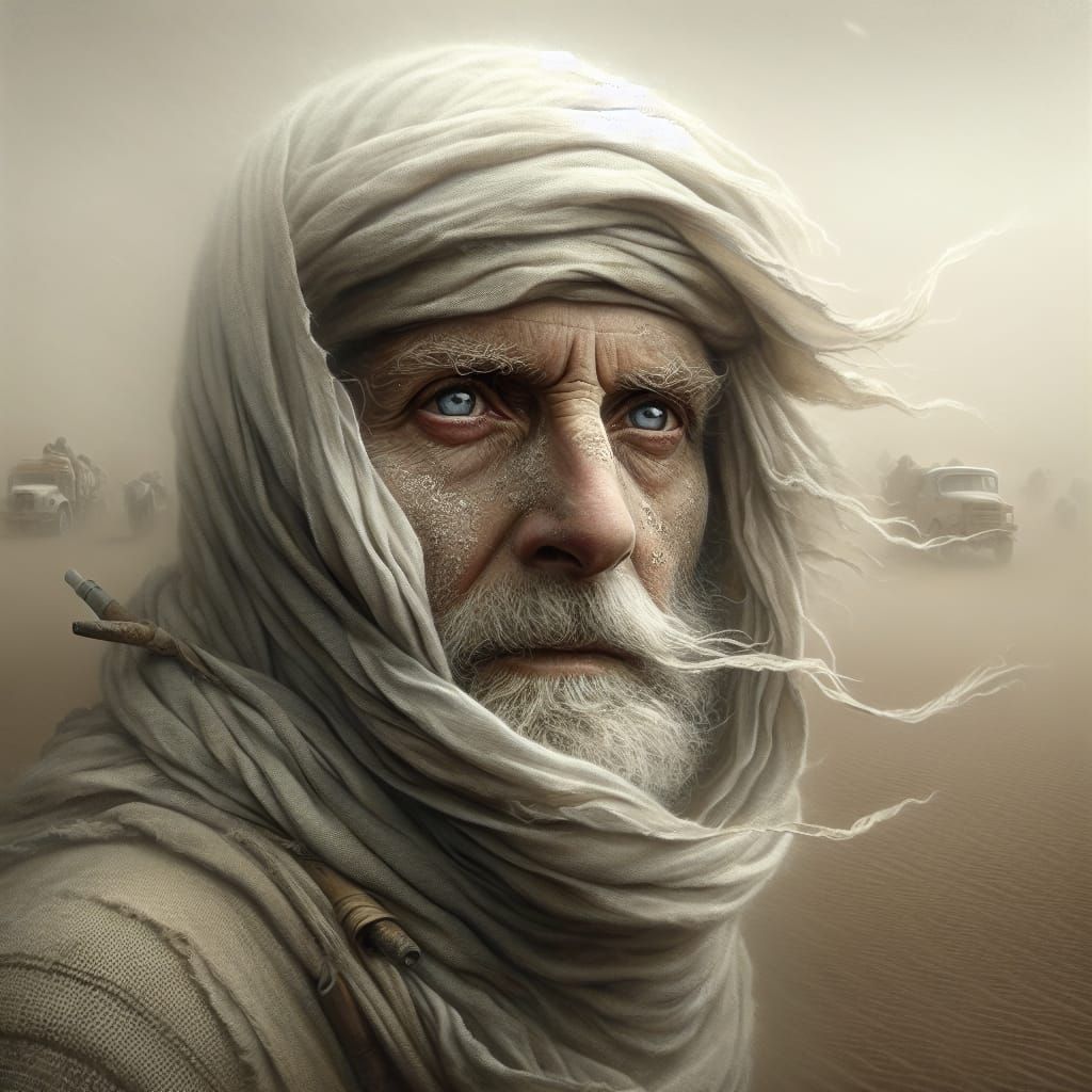 Elderly Man in Sandstorm, Realism Style - AI Art