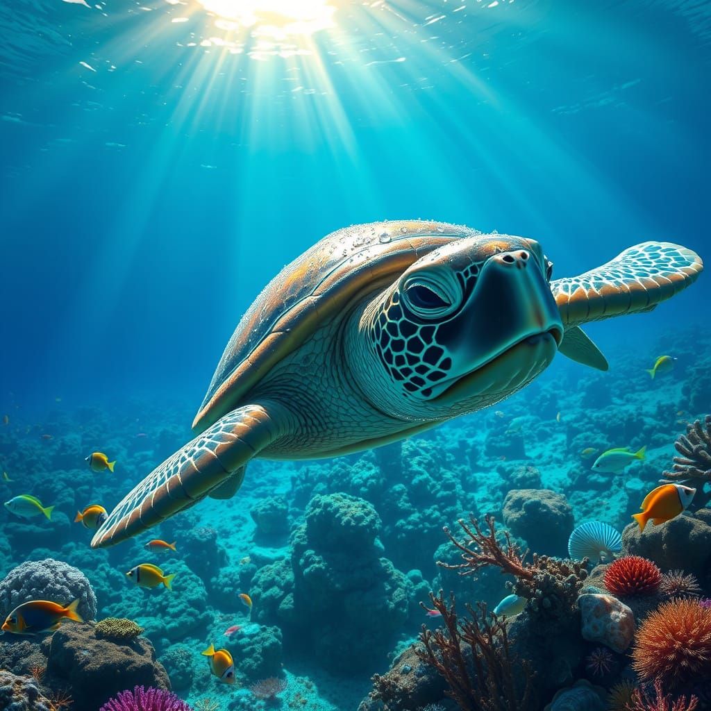 A hyper-realistic looking sea life under the water. Turtle is swimming ...