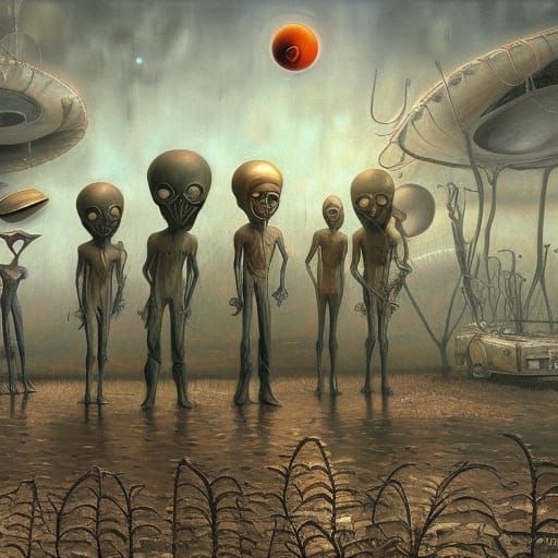 photorealistic matte painting of group of alien cartoon characters ...