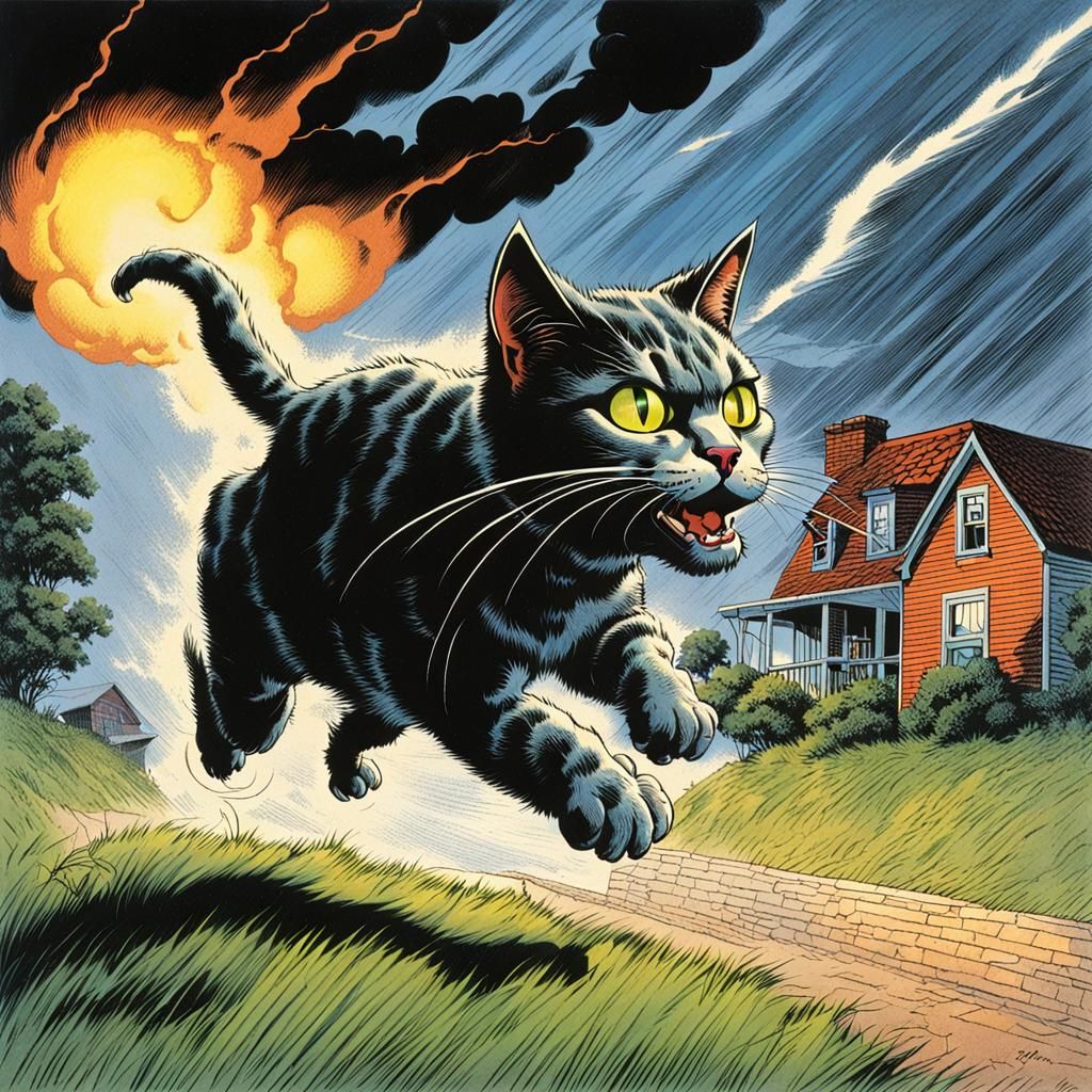 John Romita Sr illustration of a scared cat running from a tornado - AI ...