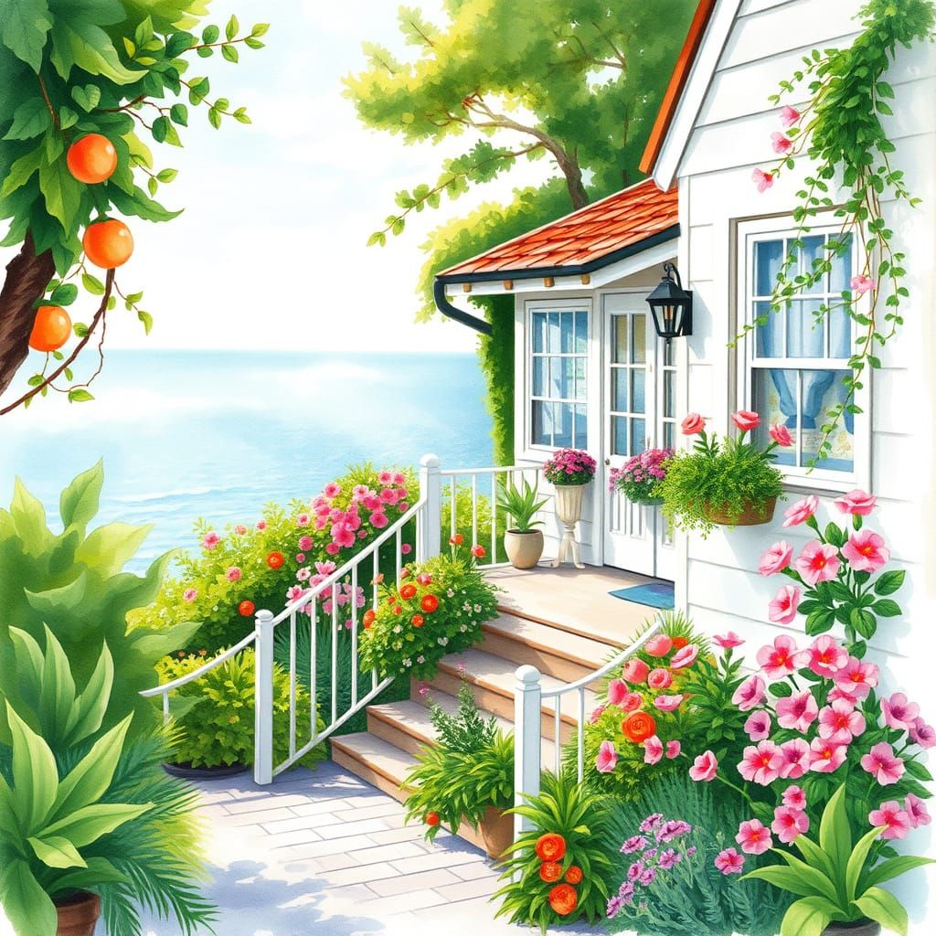 Surreal Watercolor Cottage with Whimsical Ocean Vi... - AI Art